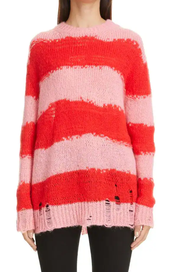 トップス Acne Studios destroyed knit Acne Studios Kalia Block Stripe Distressed Sweater In Pink/ Red